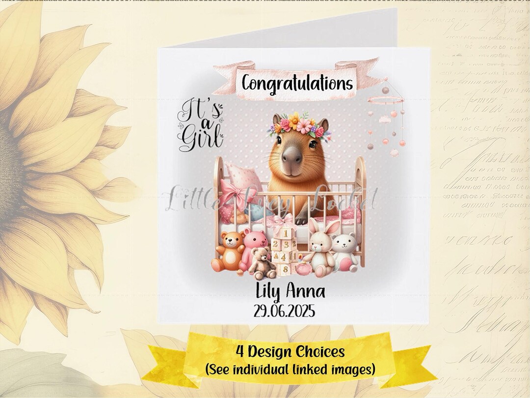 Personalized Capybara Baby Girl Congratulations Card - Etsy