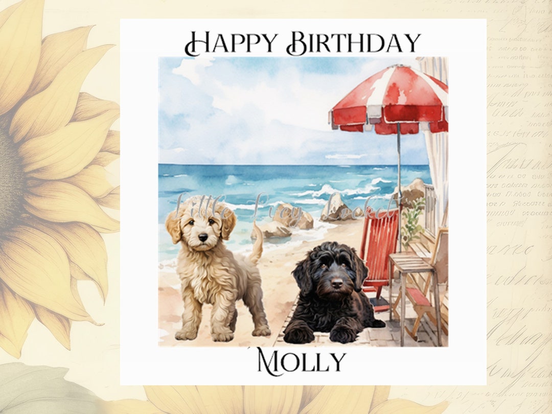 Labradoodles Birthday Card-personalised-labradoodles on Beach Setting ...
