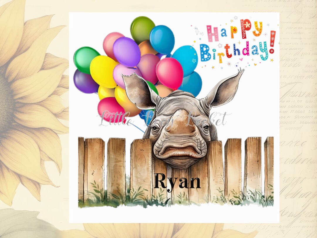 RHINO Birthday Card-personalised-peeking Rhinoceros & Balloons-animal ...