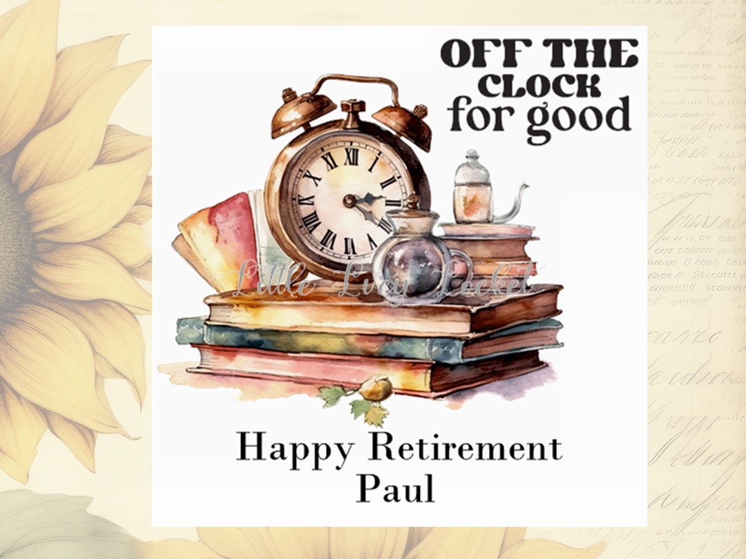 PERSONALISED Retirement Card-watercolour BOOKS and Clock-off the Clock ...