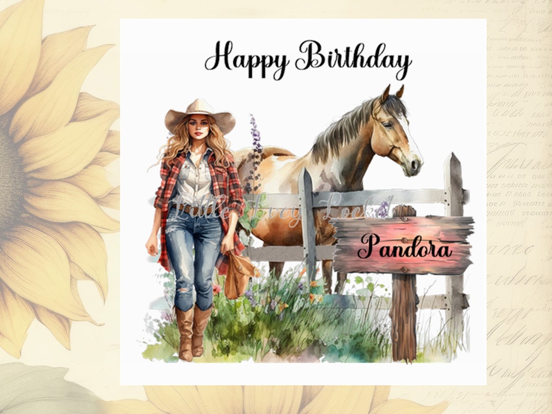 COWGIRL Birthday Card-personalised-watercolour Cowgirl With Horse-ho ...