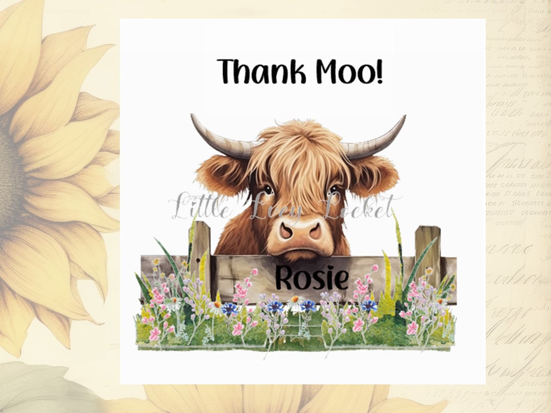 THANK You Card-highland Cow-personalised-cow at Gate With Flowers-thank ...