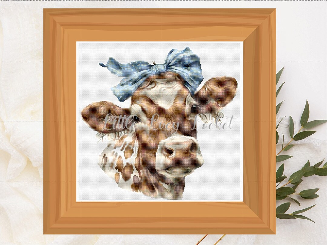 X-stitch Chart-peeking Cow-cross Stitch-chart Only-cow With Blue Bow X ...