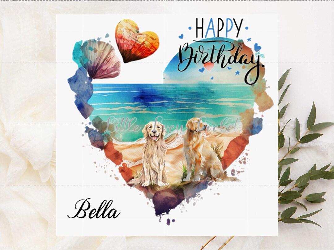Personalised Golden Retriever Birthday Card-retrievers on Beach Heart ...