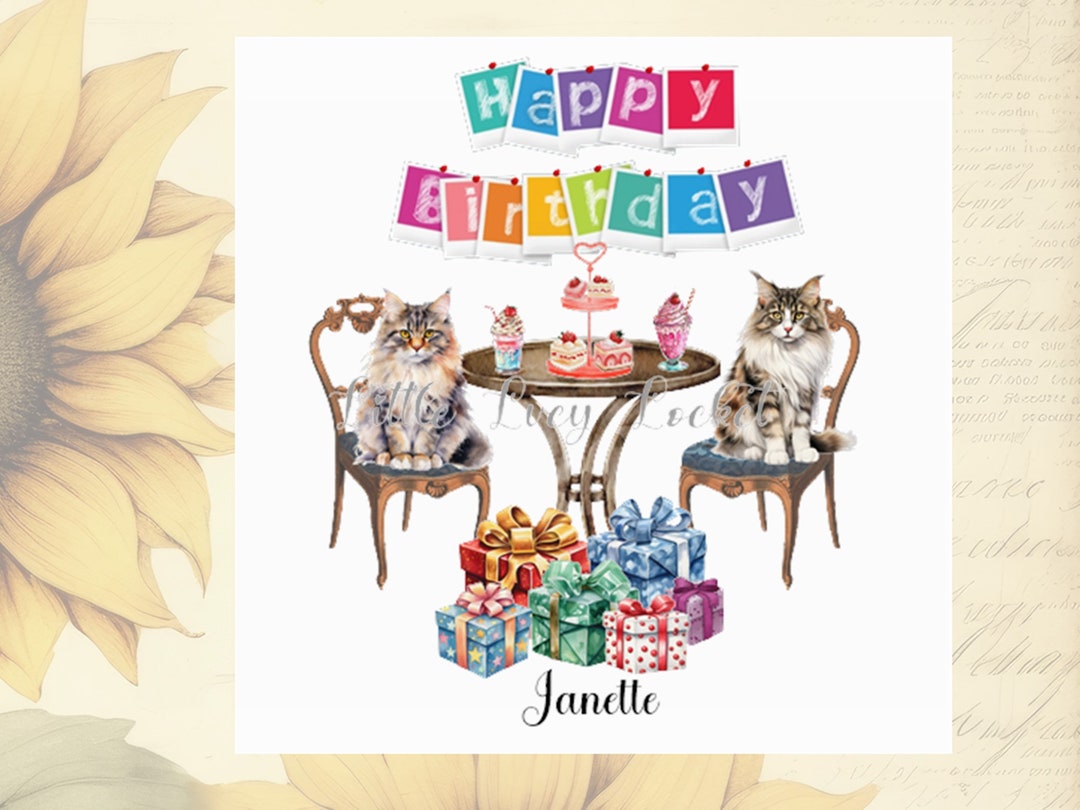 NORWEGIAN Forest CAT Birthday Tea Card-personalised-wedgies Enjoying an ...