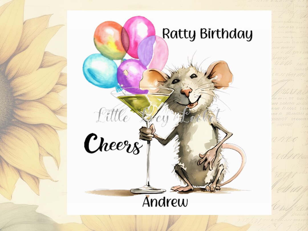 RAT Birthday Card-cocktail Rat-balloons-personalised-ratty Birthday ...