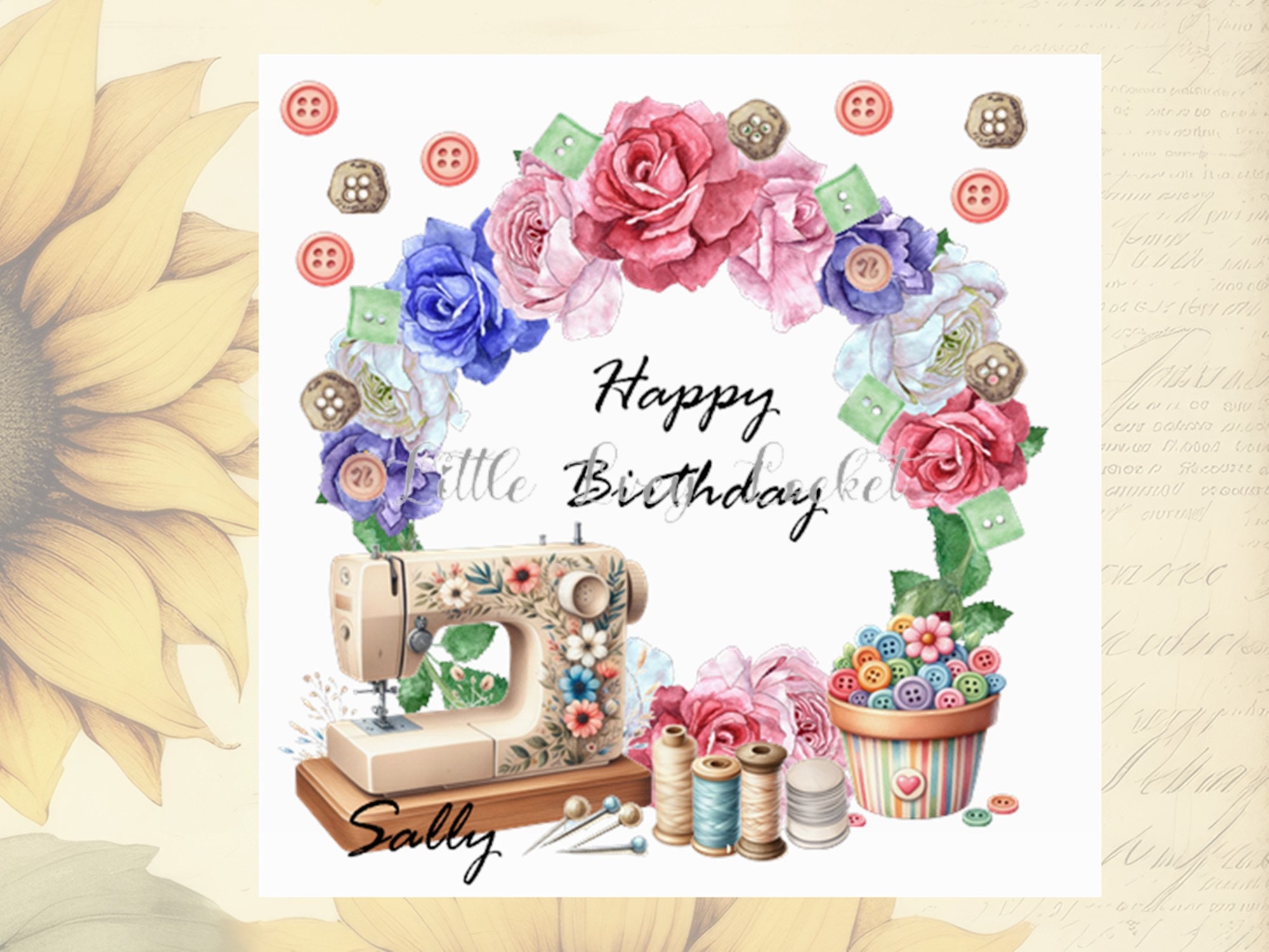 FLORAL Sewing Machine Birthday Card-personalised-sewer's Birthday Card ...