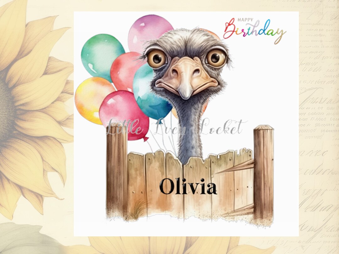 EMU Birthday Card-personalised-ostrich Peeking at Gate-colourful ...