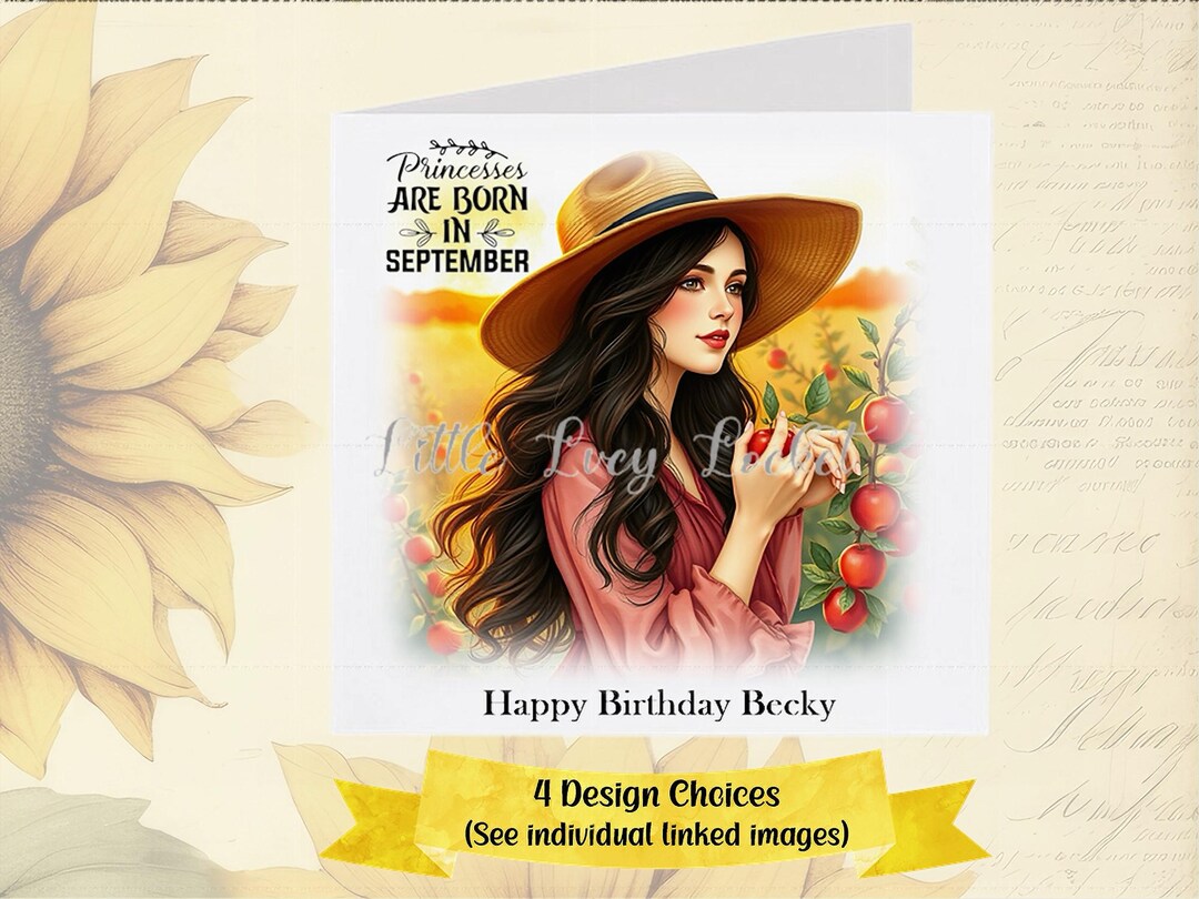 SEPTEMBER Birthday Card-personalised-pretty Girl in Apple Orchard ...