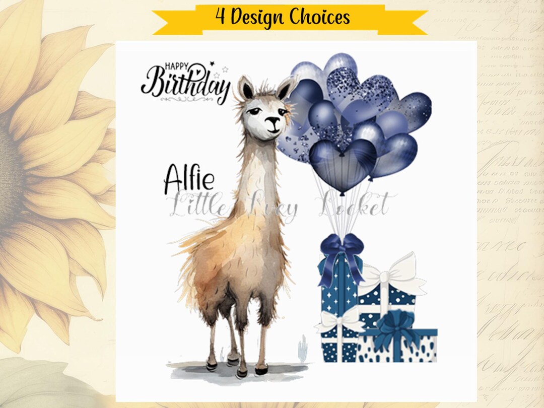 ALPACA Birthday Card-personalised-4 Design Choices-alpaca With Balloons ...