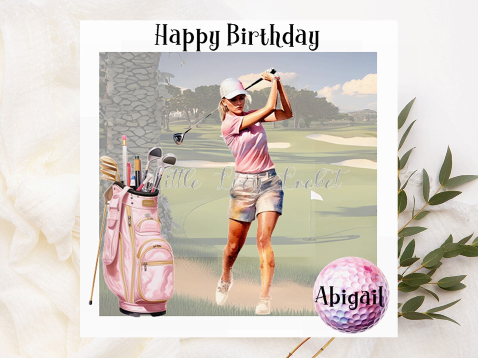 Female GOLFER Birthday Card-personalised-muted Golf Course Background ...