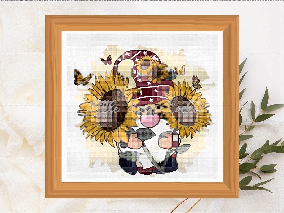 Gnome With Sunflowers X-stitch Chart-gnome With Sunflower Cross Stitch ...