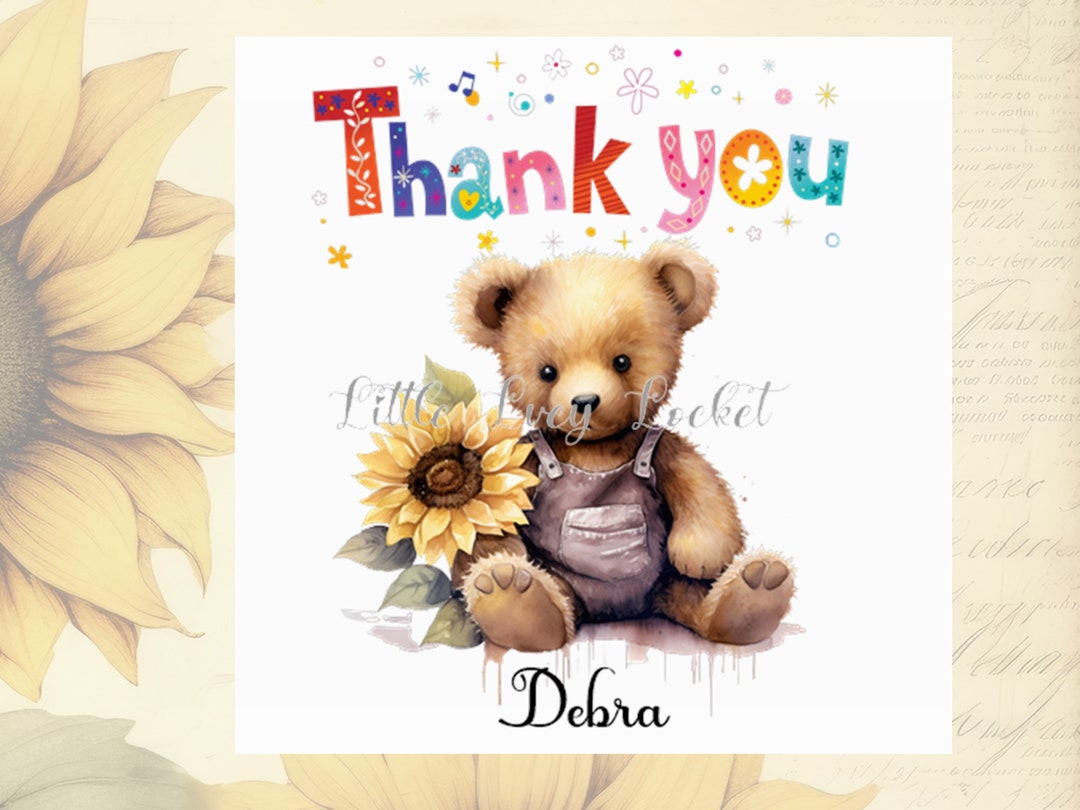 THANK You Card-personalised-floral Lettering-teddy With Sunflower ...