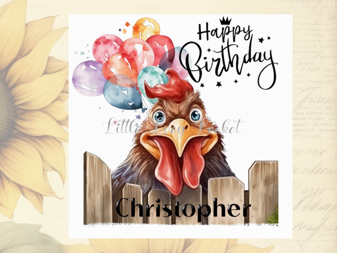 ROOSTER Birthday Card-personalised-peeking Chicken-watercolour Image ...