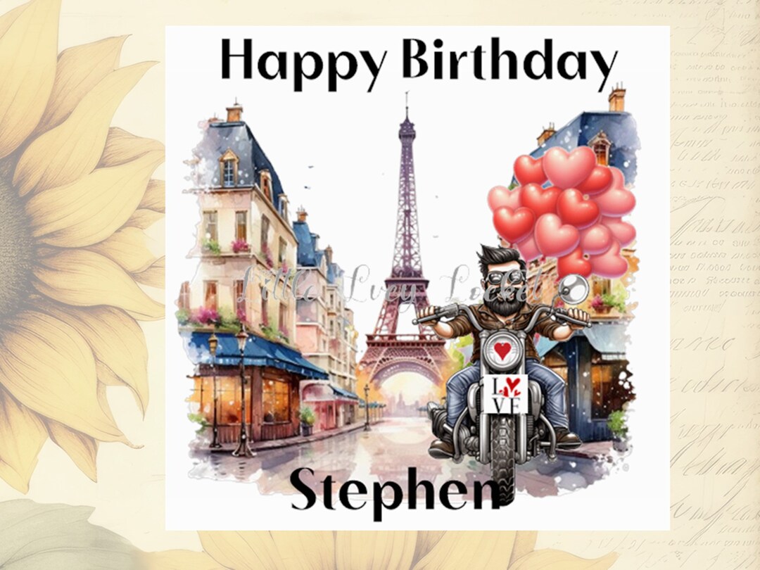 BIKER Birthday Card-personalised-motorbike on Watercolour Paris ...