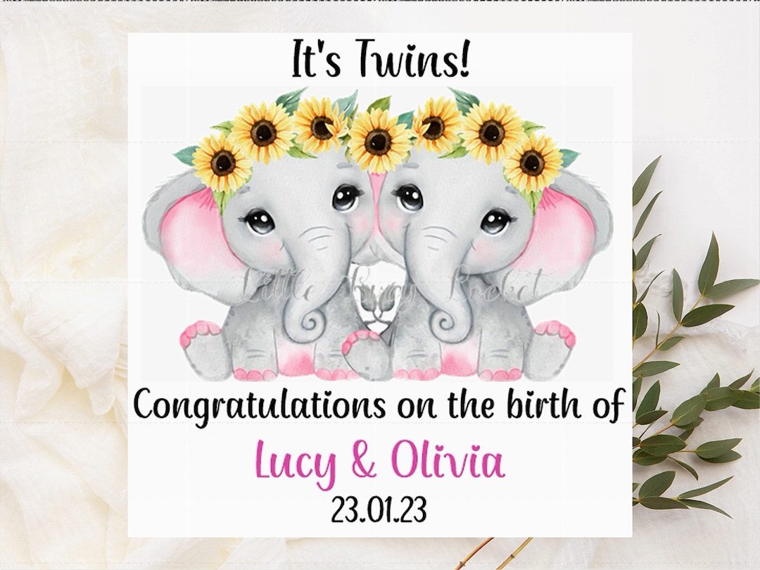Twin Girl Birth Congratulations Card-personalised-sweet Baby ELEPHANTS ...