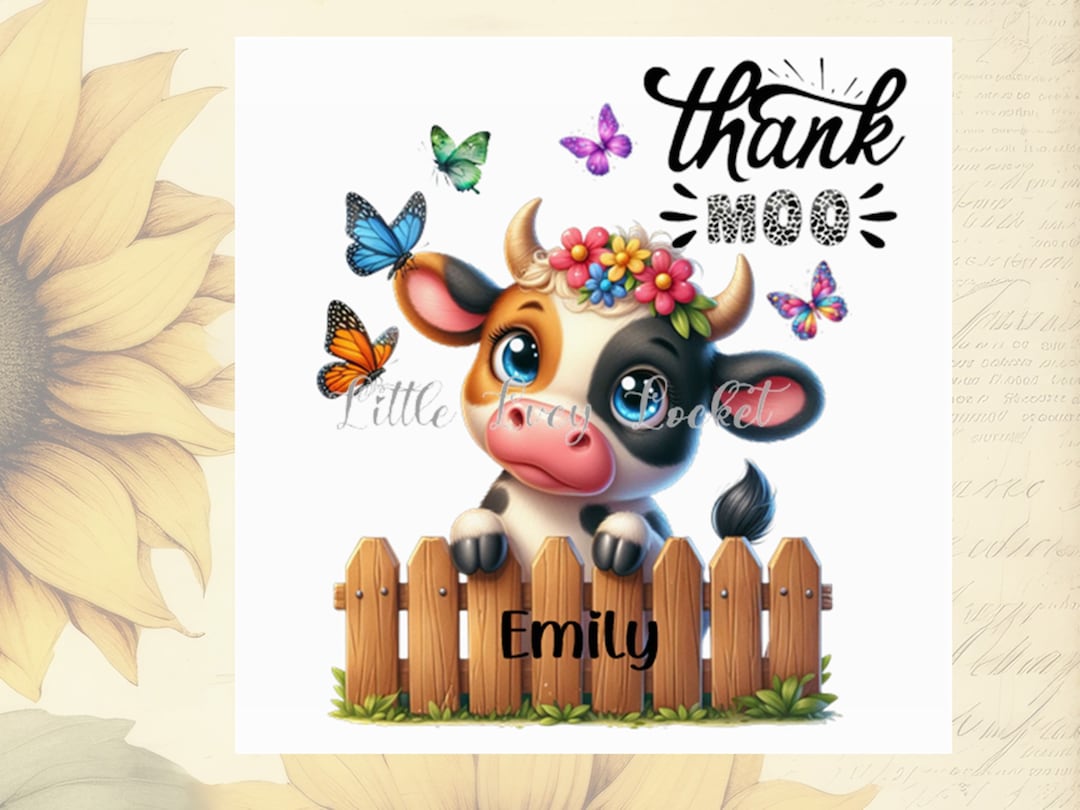 THANK You Card-cow Theme-personalised-cute Cow at Gate With Butterflies ...
