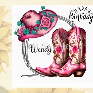 PINK Cowboy Boots & Hat-cowgirl PERSONALISED Birthday Card-line Dancing ...