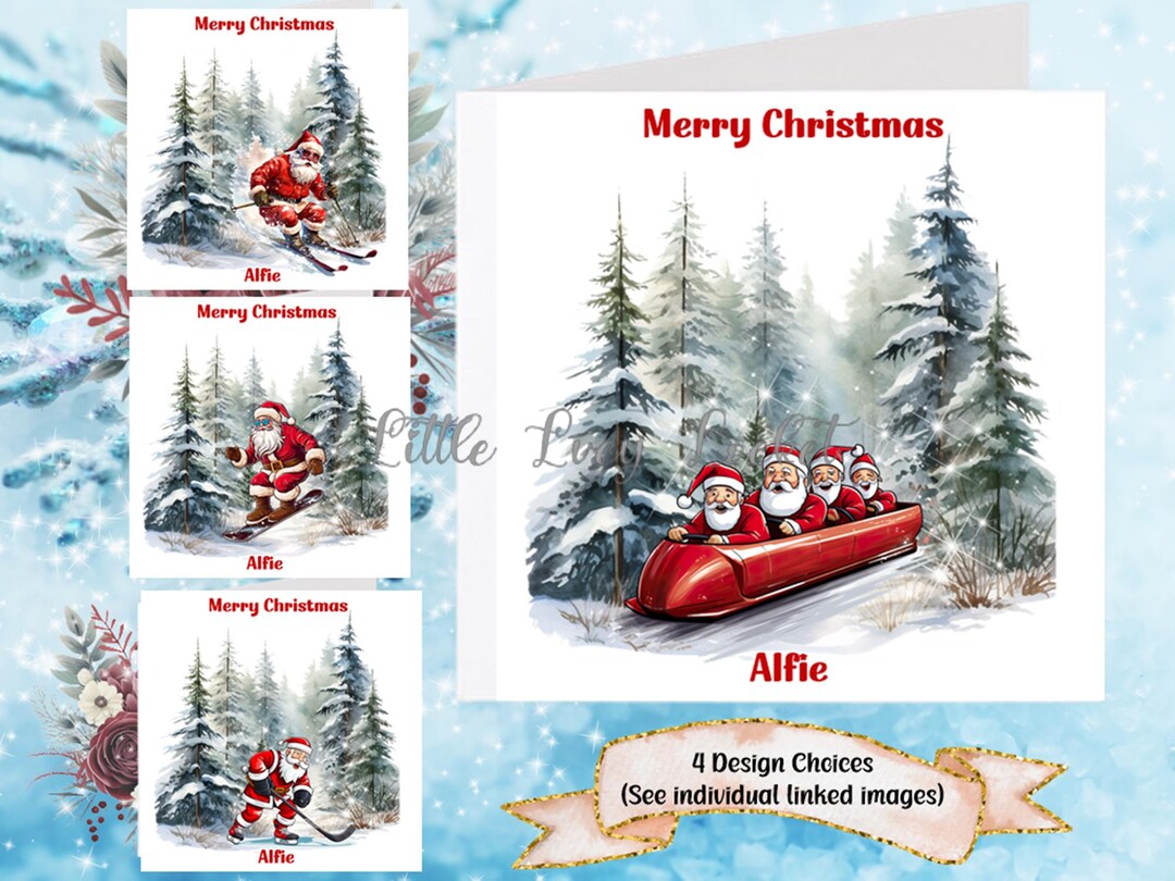 Christmas Fun Santa Card: 4 Design Choices, Winter Sports, Snowboarding ...