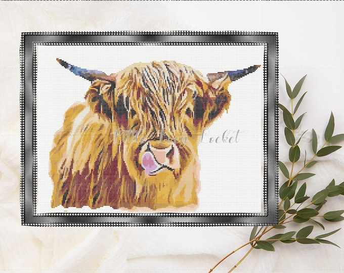 Highland Cow Counted Cross Stitch Chart: Instant PDF Download. Coloured ...