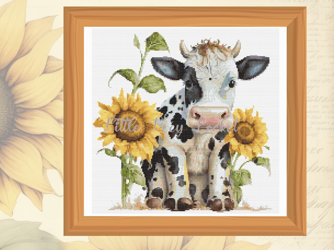 CROSS STITCH Chart-pdf-highland Cow With Sunflowers-chart Only-b/w ...