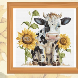 CROSS STITCH Chart-pdf-highland Cow With Sunflowers-chart Only-b/w ...