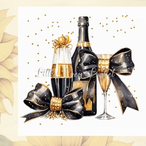 Blank/any Occasion Card-champagne Bottle, Glasses & Bows-black/gold ...