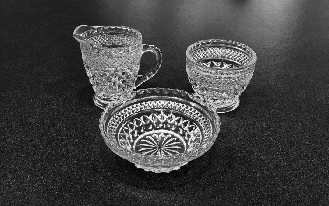 Vintage Depression Glass Wexford Sugar Bowl And Creamer Plus Saccharin Bowl 1960s Mid Century