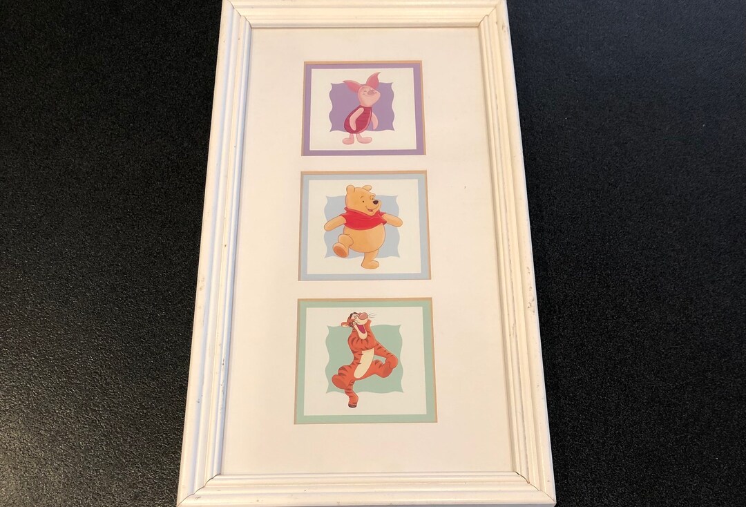 Vintage Winnie the Pooh Print 3 Poses White Matting in Wooden Frame 8 X ...