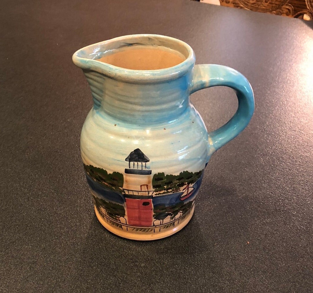 Vintage WCL Pottery Lighthouse Pitcher Hand Painted - Etsy