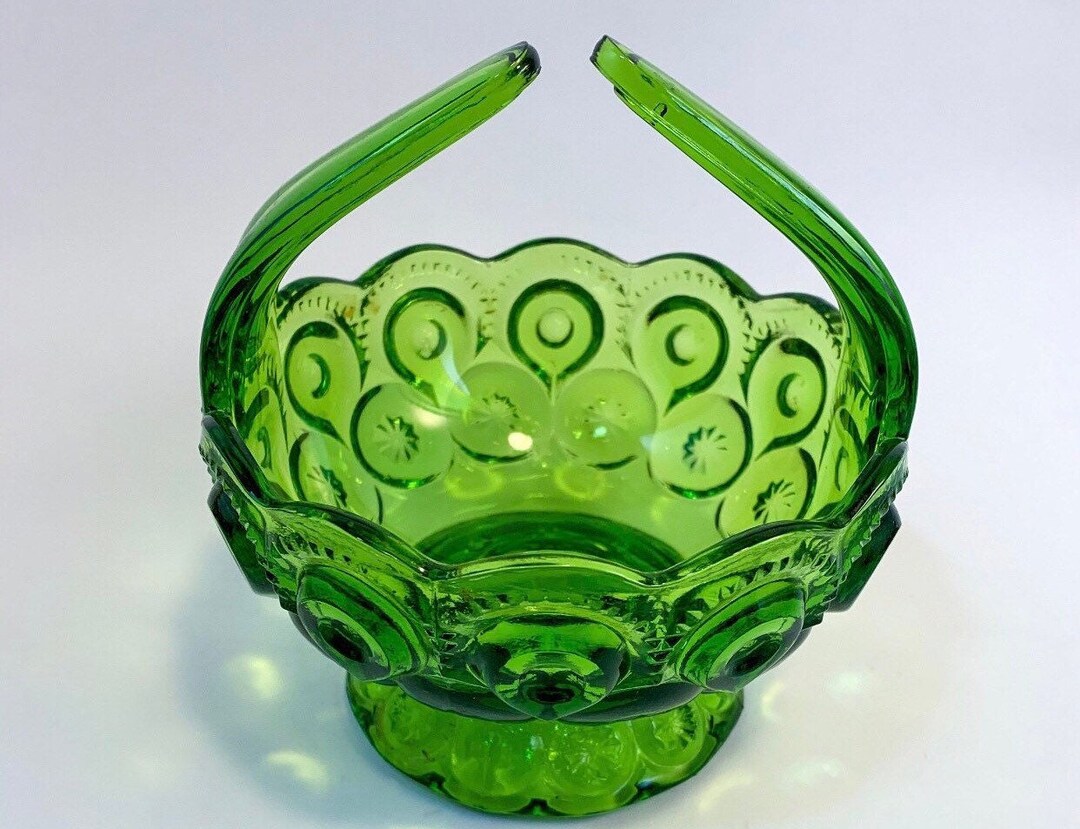 Vintage SALE Moon and Stars Green Open Handled Basket Bowl L. E. Smith ...