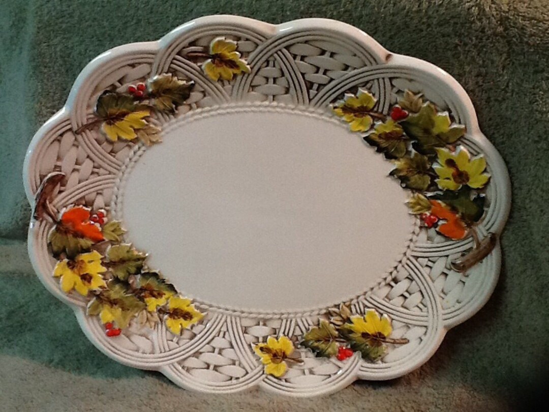 Vintage Ceramic Platter Pottery Yellow/green/orange Embossed Leaves Mid ...