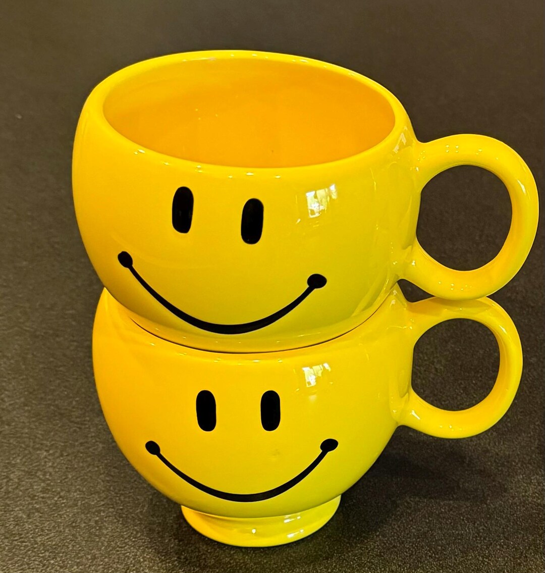 Vintage 1970 Smiley Face Mugs • TWO Yellow Ceramic Cups • Oversized ...