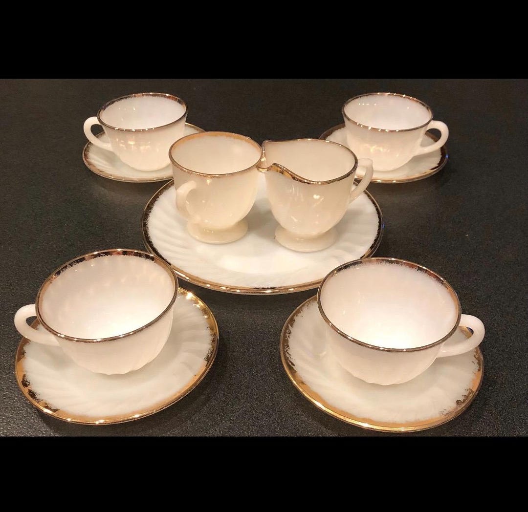 Vintage 1950s Fire King 11pc Tea Cups • Plate/sugar/creamer • Swirl ...