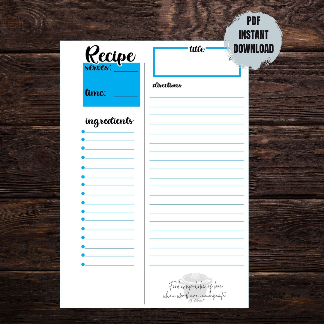 Recipe Printable Page, Recipe Template PDF, Recipe Planner Insert ...