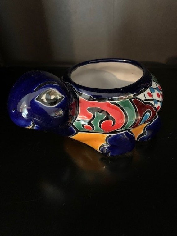 Hand-Painted Talavera Turtle Pot Planter Cobalt Blue Floral & Garden ...