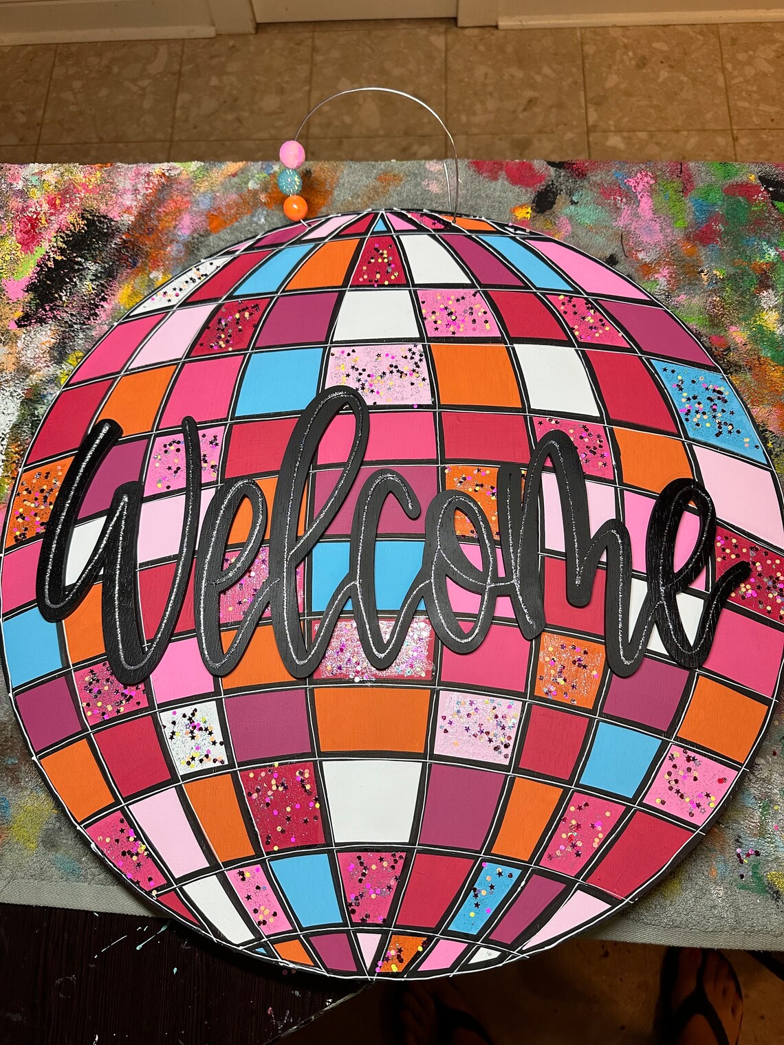 Welcome Mirrorball, Disco Ball, Wood Cut Out, Doorhanger, Handpainted ...