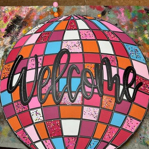 Welcome Mirrorball, Disco Ball, Wood Cut Out, Doorhanger, Handpainted ...