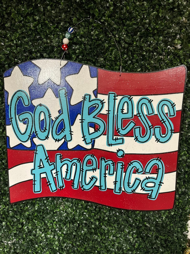 God Bless America, Patriotic Flag Door Hanger, Ha Painted Door Hanger ...