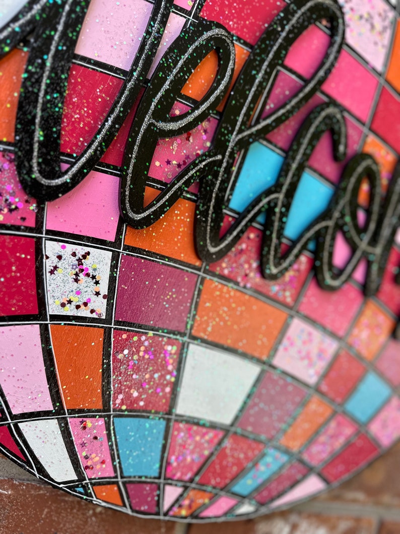 Welcome Mirrorball, Disco Ball, Wood Cut Out, Doorhanger, Handpainted ...