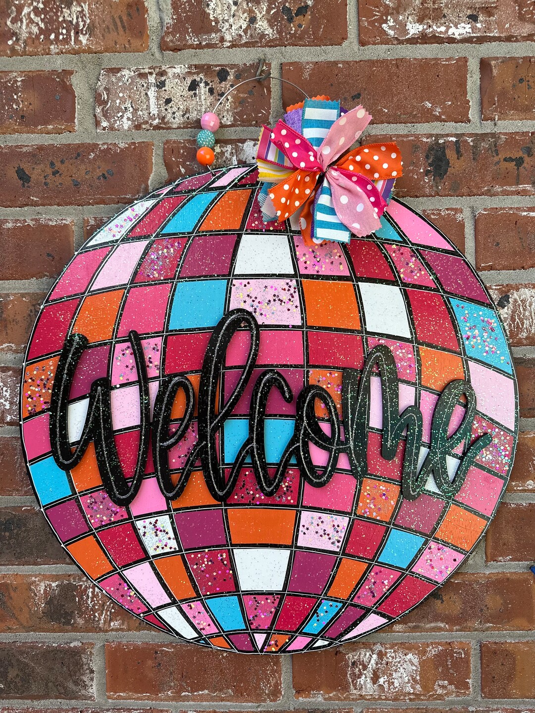 Welcome Mirrorball, Disco Ball, Wood Cut Out, Doorhanger, Handpainted ...
