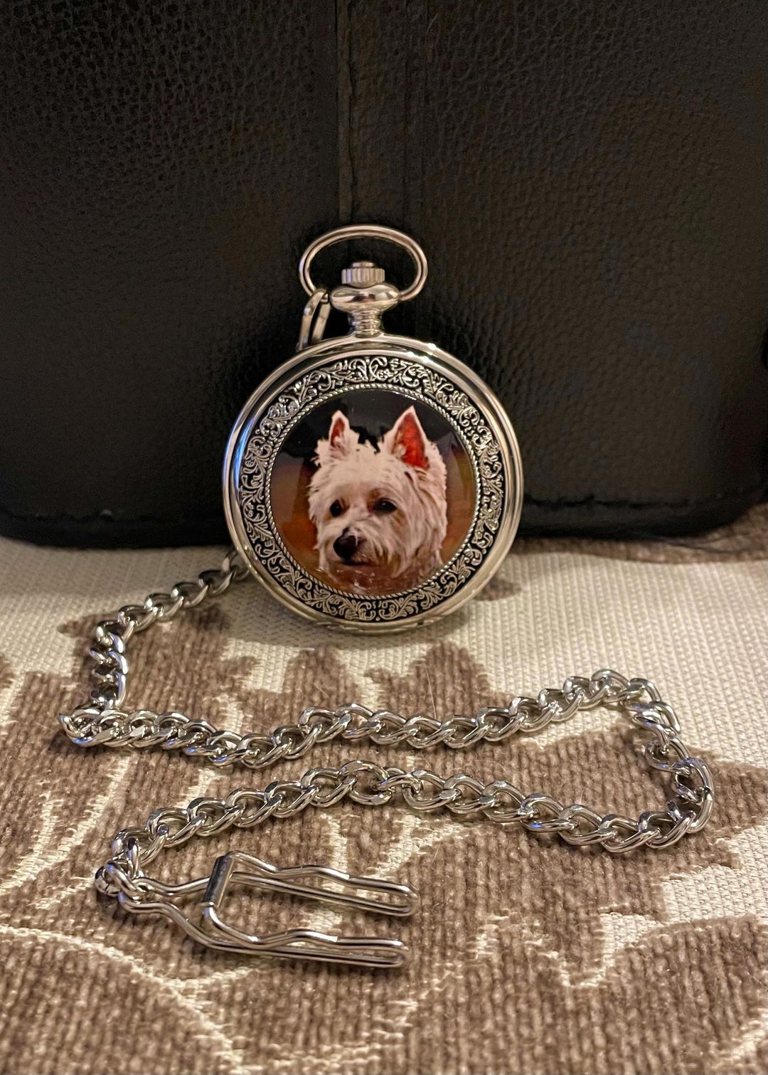 Silver-tone Ravel Quartz Pocket Watch. Pocket Watch With Dog Décor ...