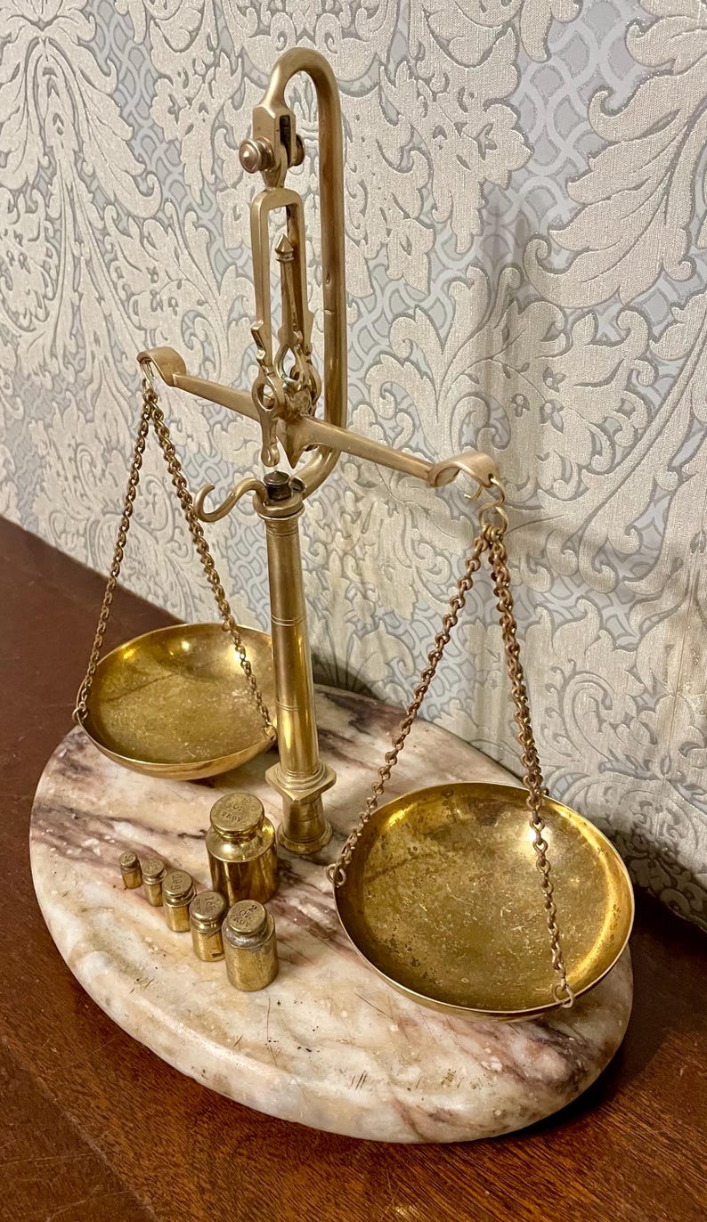 Antique Brass Balance Scale With a Marble Base and a Set of 6 Brass ...