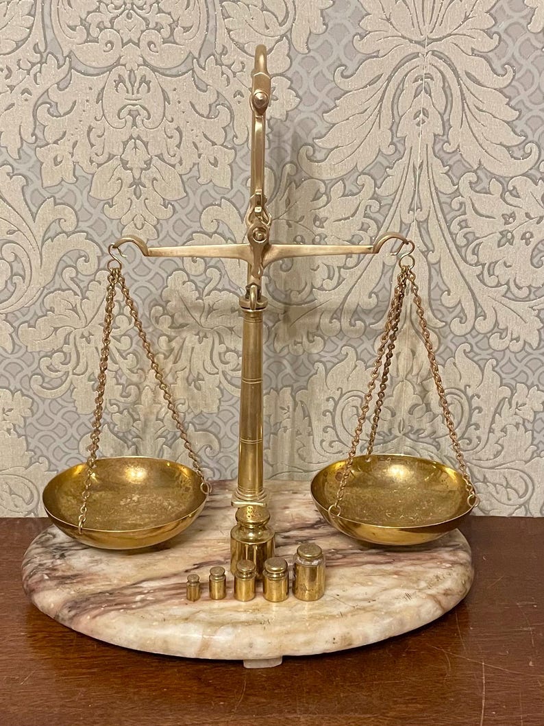Antique Brass Balance Scale With a Marble Base and a Set of 6 Brass ...