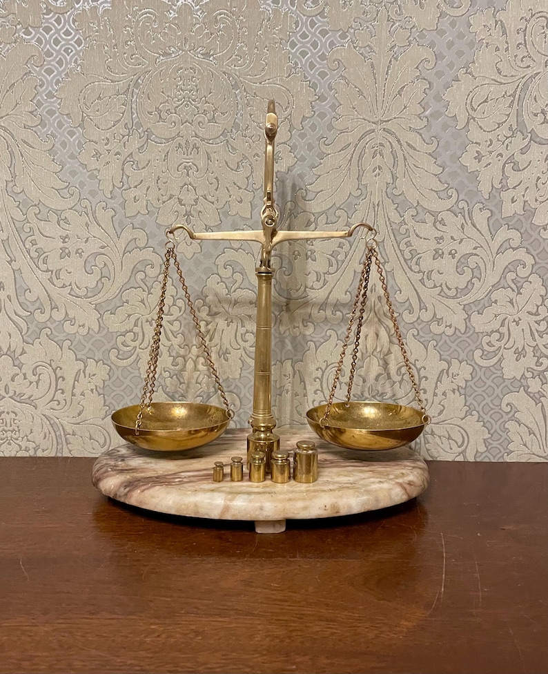 Antique Brass Balance Scale With a Marble Base and a Set of 6 Brass ...