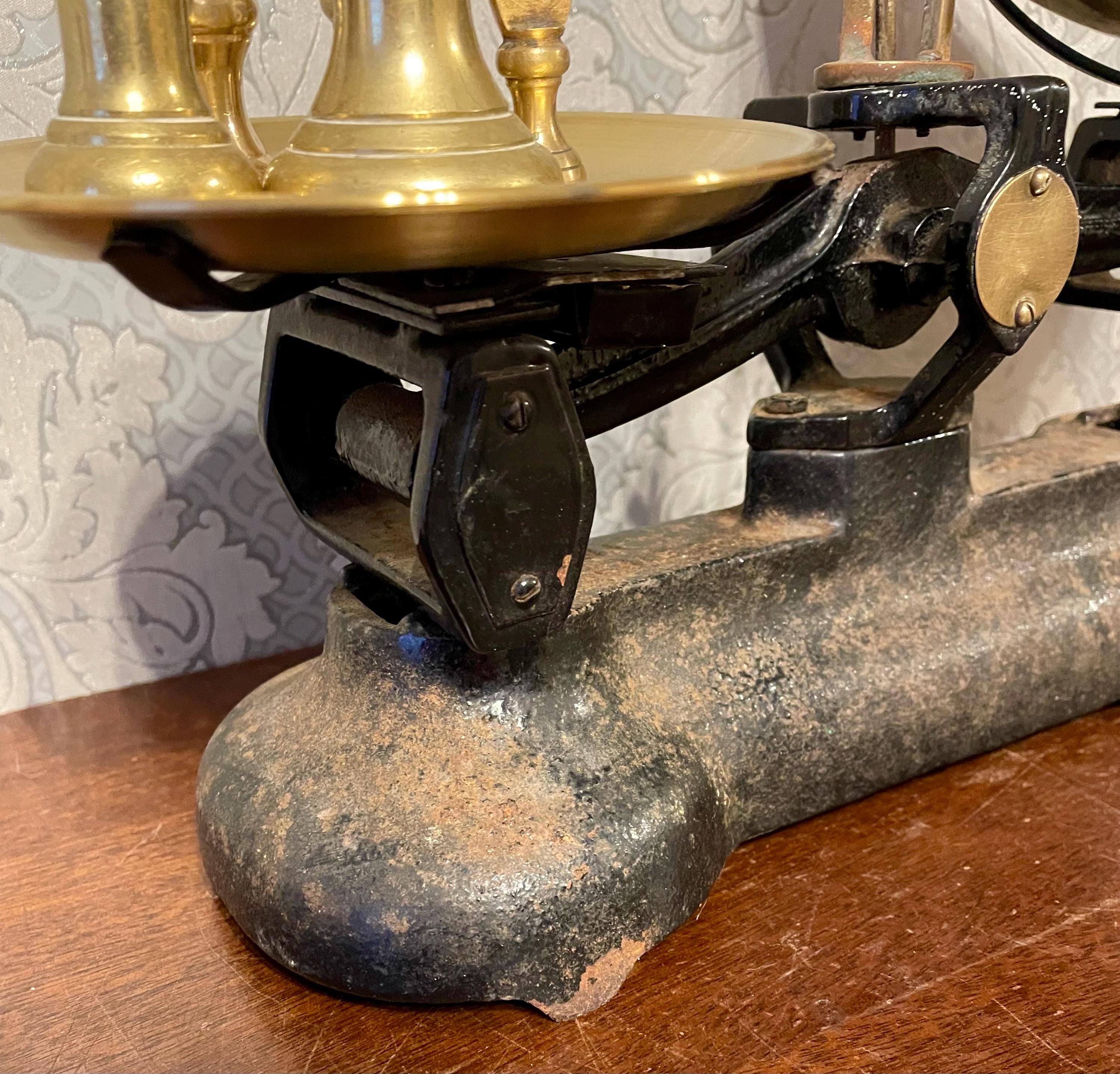 Vintage Libra Large Rustic Scales With Brass Pans and 5 Brass Weights ...