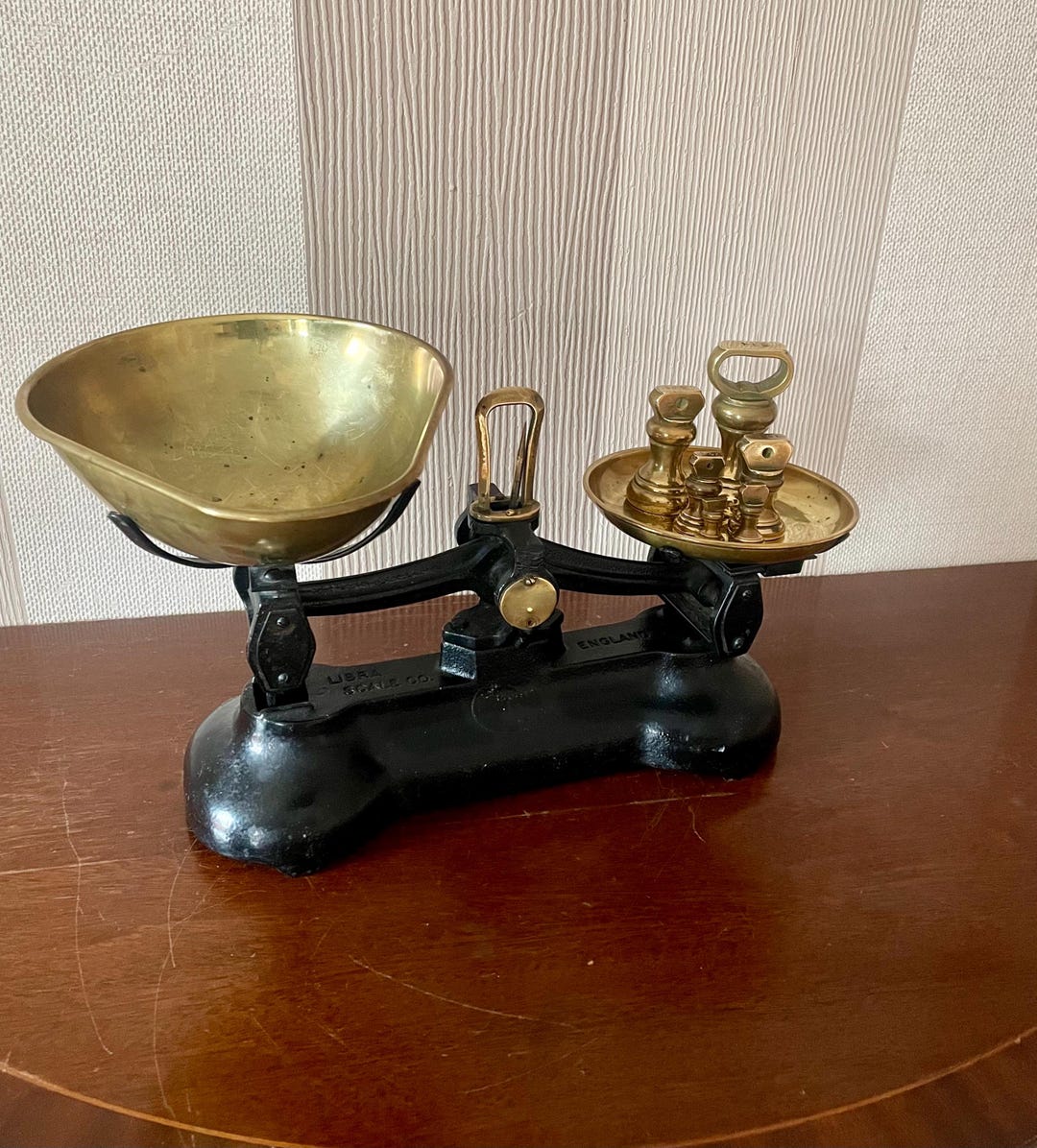 Vintage Libra Large Scales With Brass Pans and 6 Brass Weights, Kitchen ...