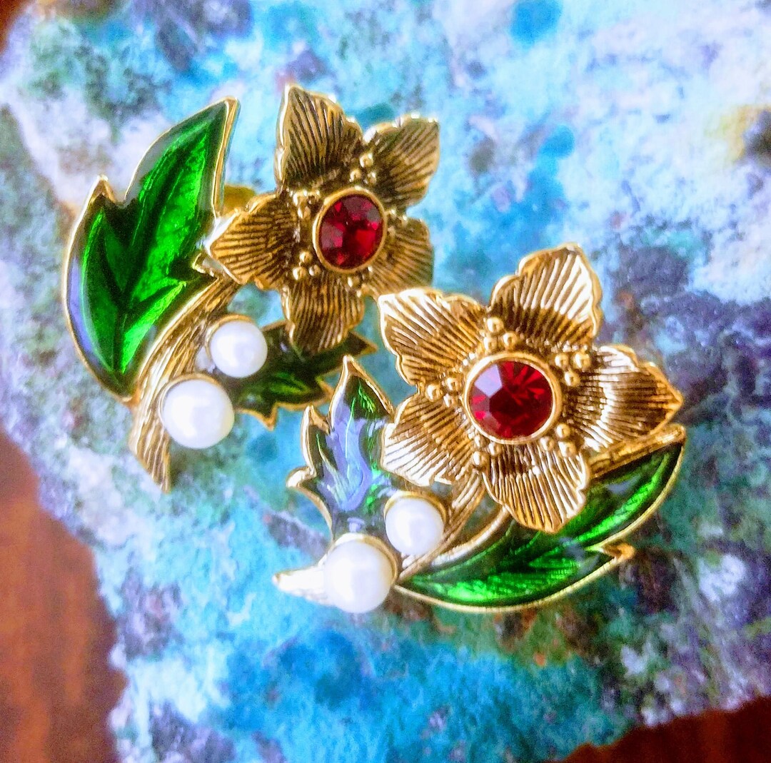 Vintage AVON Flower Earrings~pretty Red Rhinestone, Enamel & Faux Pearl ...