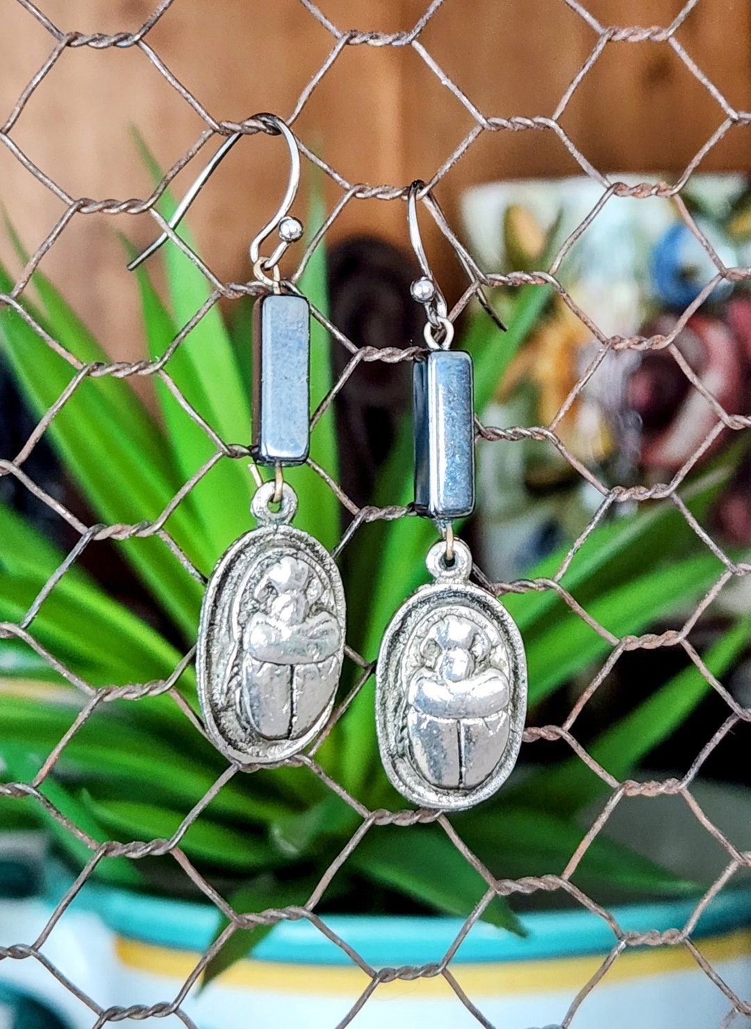 Vintage Scarab Beetle Earrings~metal Scarab With Hematite~egyptian ...