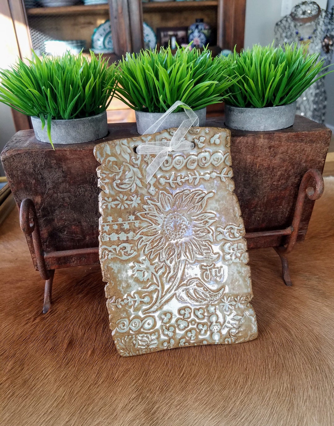 Sunflower Pottery Plaquevintage Handmade Potteryfloral Wall Decorearthy ...
